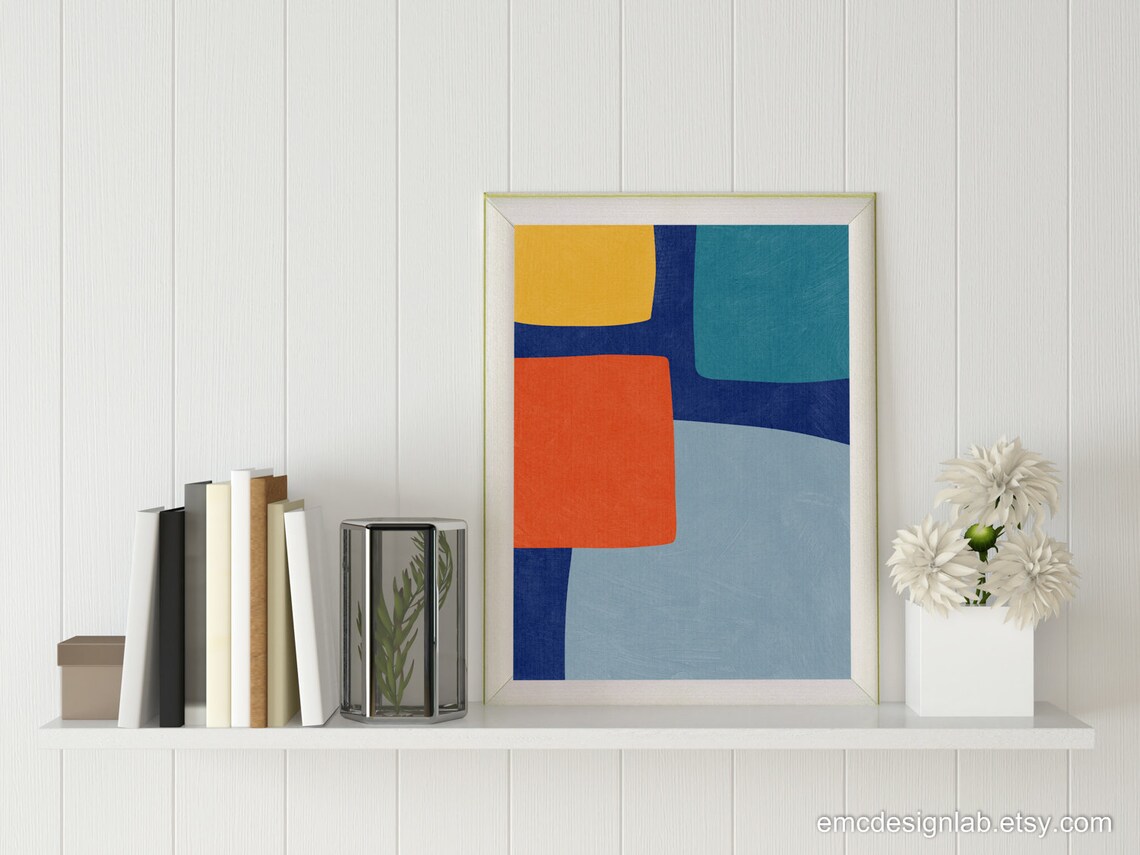 Yellow Blue Orange Teal Mid-century Modern Abstract Print for Modern ...