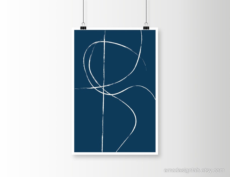 Line Art Navy Blue Print, Abstract Minimalist Wall Art Print, Line Art ...