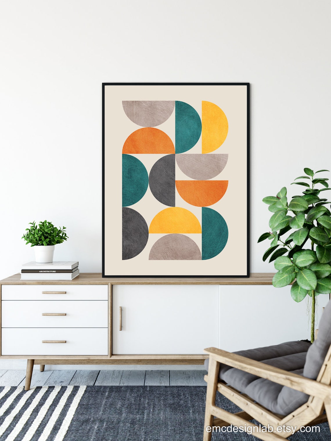 Teal Gray Yellow Beige Orange Modern Geometric Wall Art, Mid-century ...