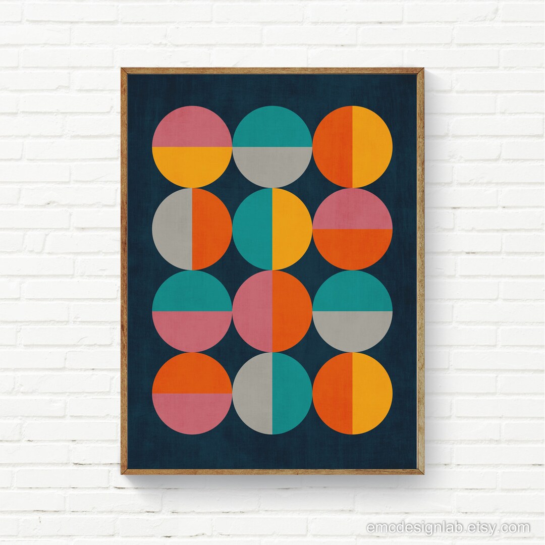Mid-century Modern Circle Wall Art, Orange Yellow Teal Gray Wall Art ...