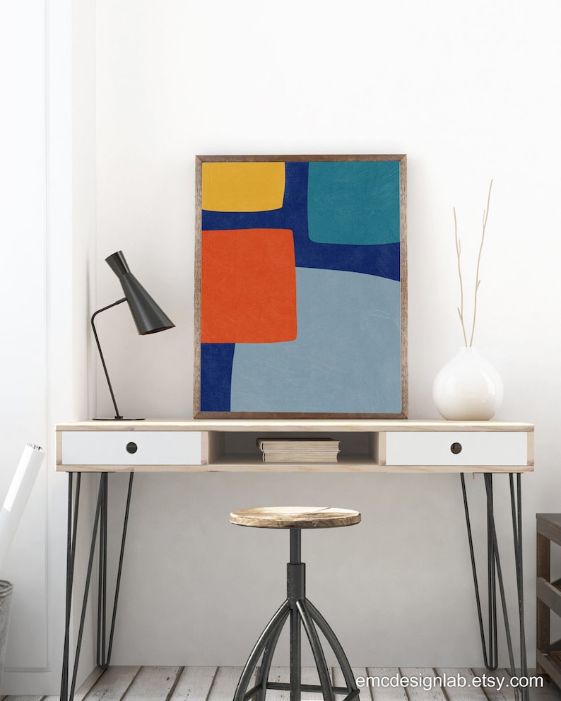 Yellow Blue Orange Teal Mid-century Modern Abstract Print for Modern ...