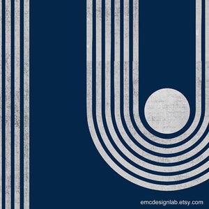 Navy Blue Retro Lines Print, Minimalist Navy and Grey Large Size Wall ...