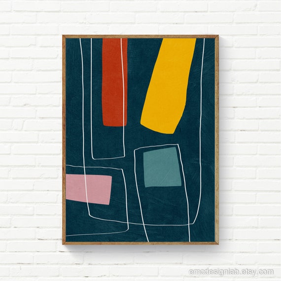 Minimalist Abstract Navy Blue Background Yellow Burnt Orange | Etsy