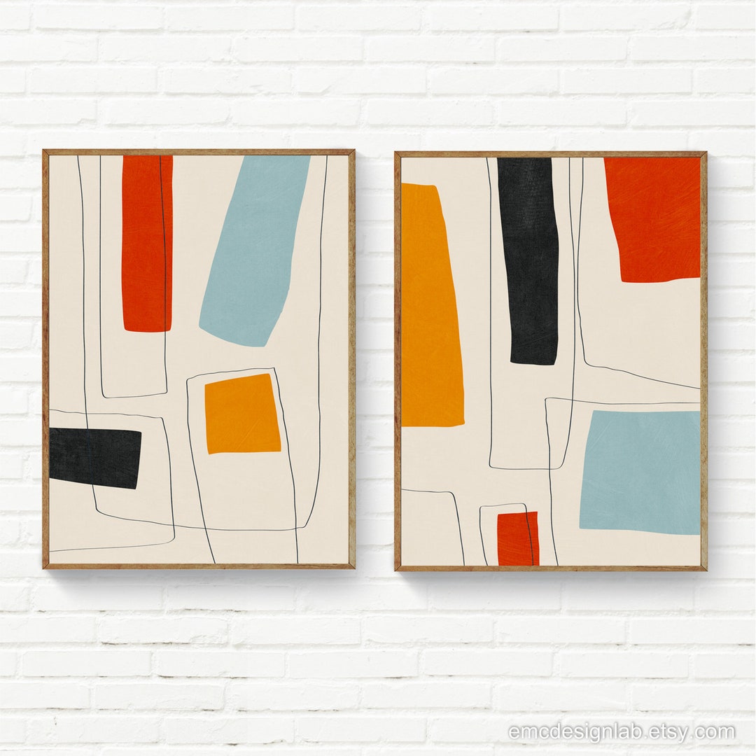 Set of 2 Mid-century Modern Prints, Set of 2 Colorful Minimalist Print ...