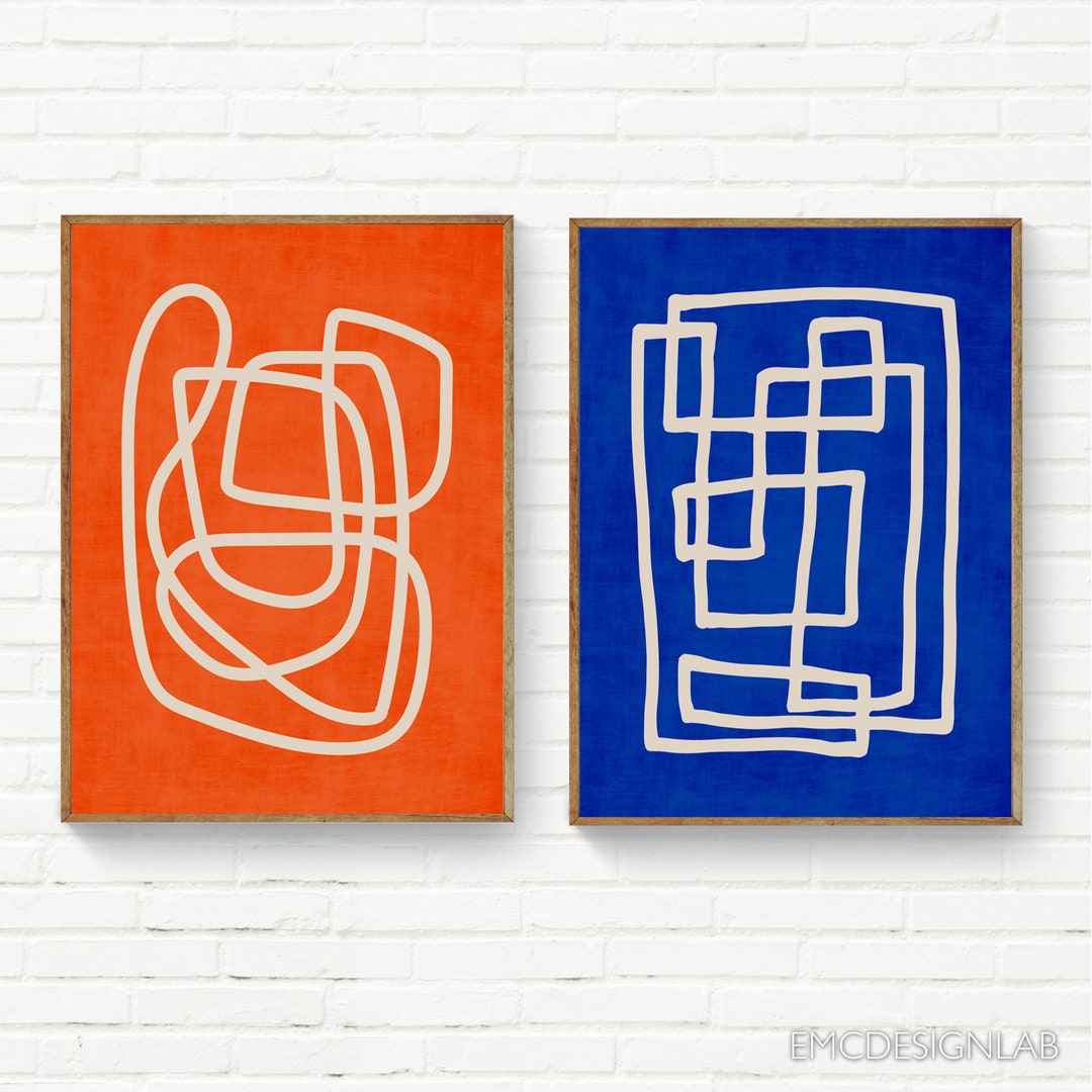 Orange & Blue Line Art Print Bold Lines Offwhite - Etsy