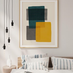 Abstract Shapes Wall Art, Mid-century Printable Art, Yellow Teal & Gray ...