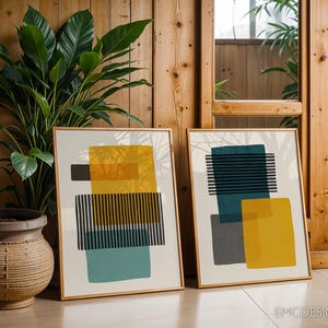 Abstract Teal Gray Yellow Wall Art, Mustard Light Teal Black Stripes ...