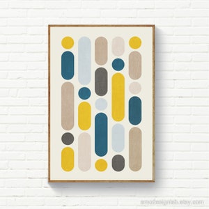 Mid-century Modern Print, Modern Wall Art, Navy Beige Yellow Baby Blue ...