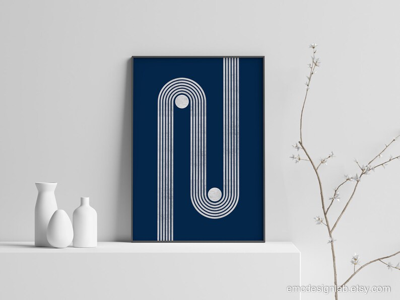 Navy Blue Retro Lines Print Minimalist Navy and Grey Large | Etsy