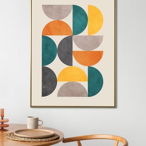 Teal Gray Yellow Beige Orange Modern Geometric Wall Art, Mid-century ...