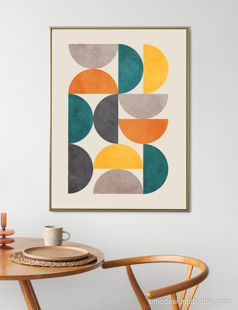 Teal Gray Yellow Beige Orange Modern Geometric Wall Art, Mid-century ...
