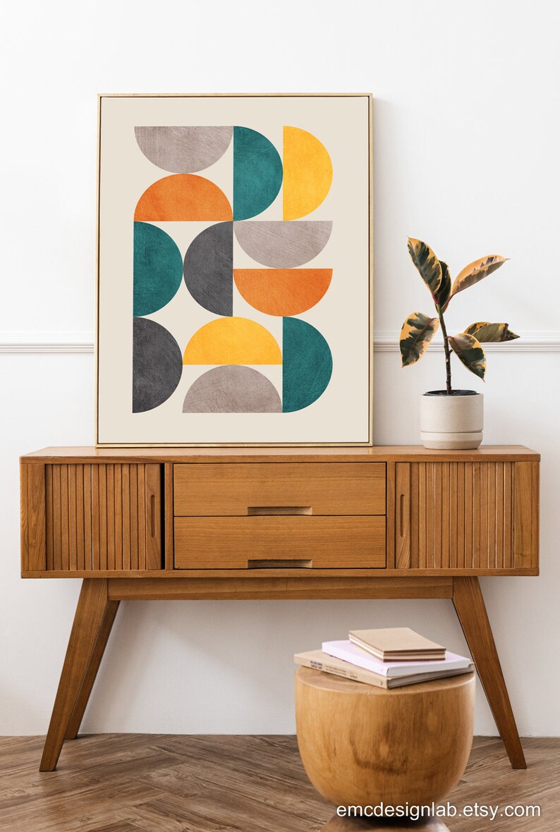 Teal Gray Yellow Beige Orange Modern Geometric Wall Art, Mid-century ...