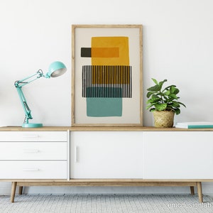 Abstract Teal Gray Yellow Wall Art, Mustard Light Teal Black Stripes ...