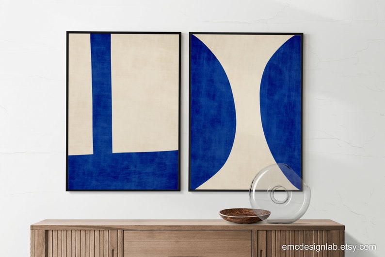 Deep Blue Neon Linen Texture Wall Art / Minimalist Blue Beige Artwork ...