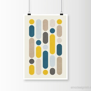 Mid-century Modern Print, Modern Wall Art, Navy Beige Yellow Baby Blue ...