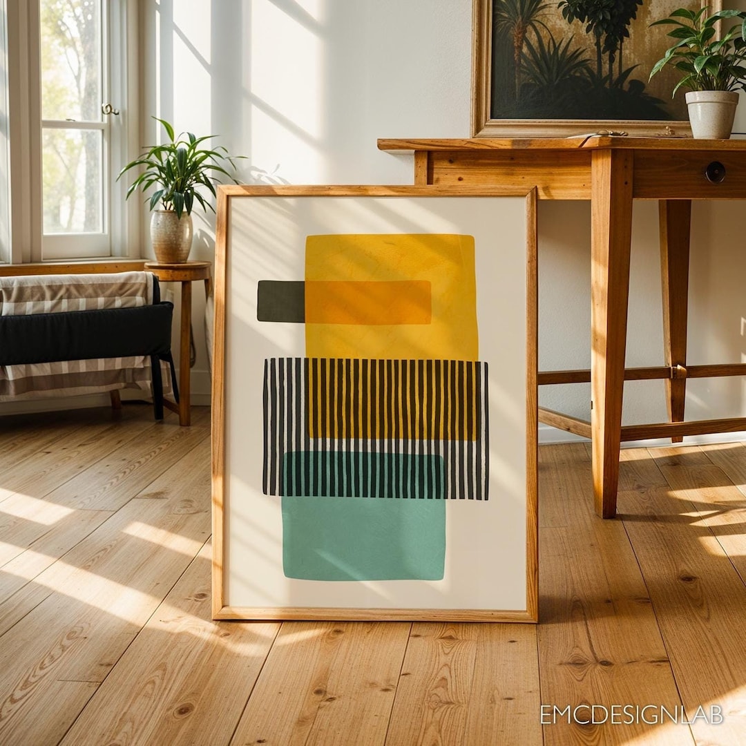 Abstract Teal Gray Yellow Wall Art, Mustard Light Teal Black Stripes ...