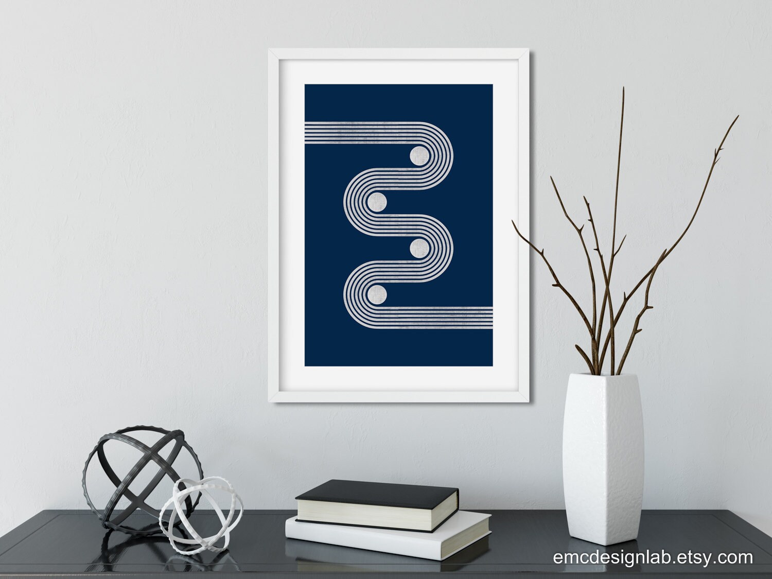 Navy Blue & Gray Minimalist Print, Mid Century Modern Minimalist ...