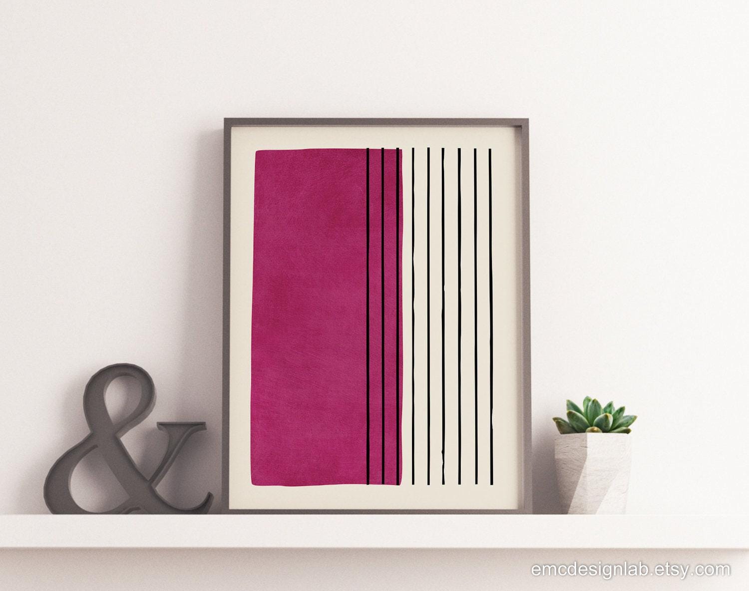 Minimalist Berry Color Artwork Modern Print Thin Black Lines Color ...