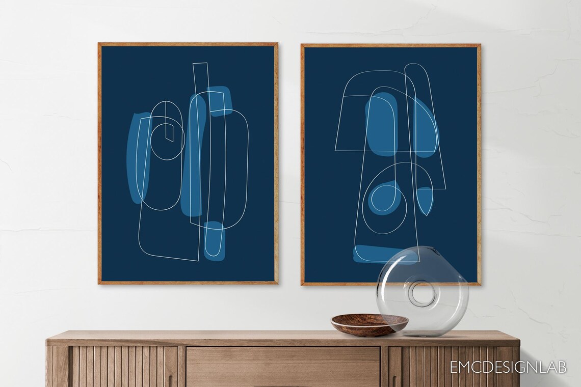 Set of 2 Navy Blue Line Art, Original Contemporary Line Art Set ...