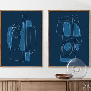 Set of 2 Navy Blue Line Art, Original Contemporary Line Art Set ...