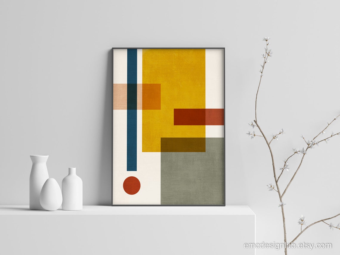Geometric MCM Wall Art Abstract Geometric Print Mustard Navy - Etsy