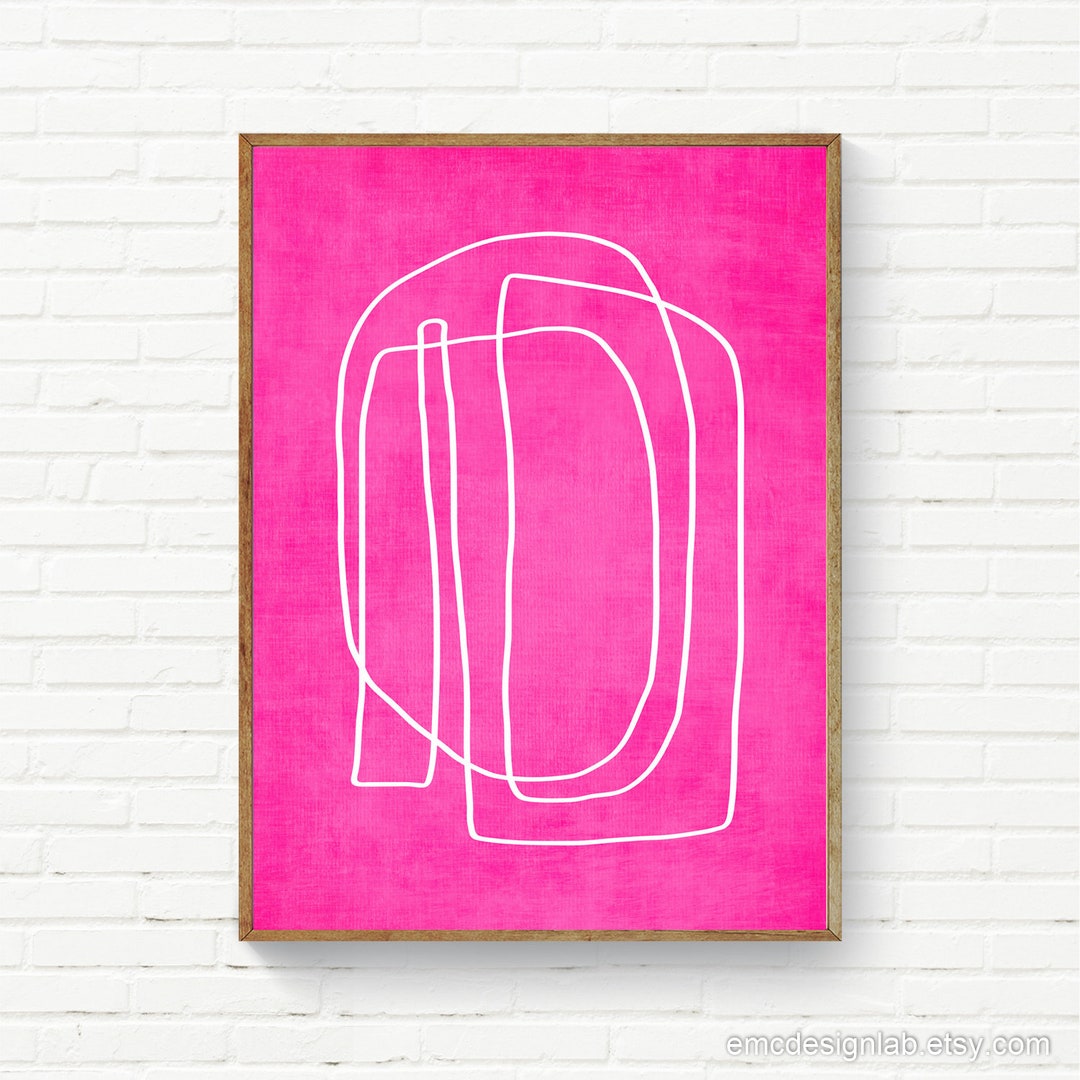 Hot Pink White Line Art Modern Print / Abstract Bright Magenta Vibrant ...