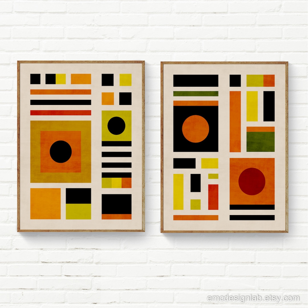 Geometric Modern Print Set of 2 in Orange Black Yellow & Green / Set of ...