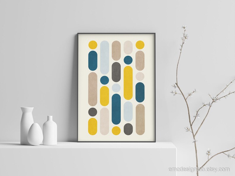 Mid-century Modern Print Modern Wall Art Navy Beige Yellow - Etsy