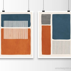 Navy & Burnt Orange Abstract Art Print Set Modern Abstract Navy Blue ...