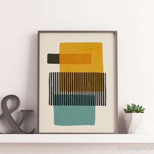 Abstract Teal Gray Yellow Wall Art, Mustard Light Teal Black Stripes ...