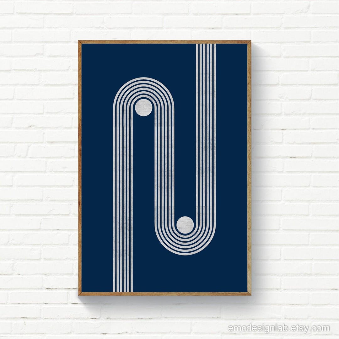 Navy Blue Retro Lines Print, Minimalist Navy and Grey Large Size Wall ...