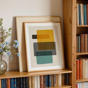 Abstract Teal Gray Yellow Wall Art, Mustard Light Teal Black Stripes ...