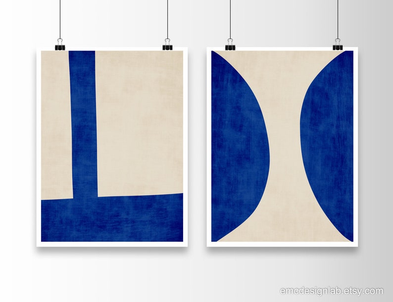 Deep Blue Neon Linen Texture Wall Art / Minimalist Blue Beige Artwork ...