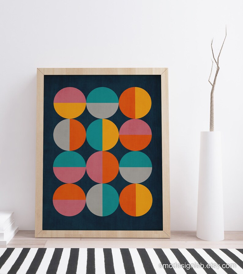 Mid-century Modern Circle Wall Art, Orange Yellow Teal Gray Wall Art ...
