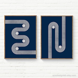 Minimalist Navy Wall Art, Navy & Gray Lines Print, Retro Lines Poster ...