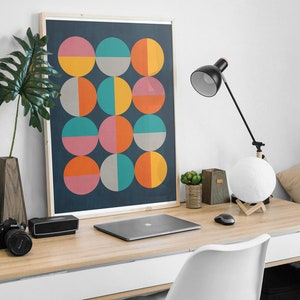 Mid-century Modern Circle Wall Art, Orange Yellow Teal Gray Wall Art ...