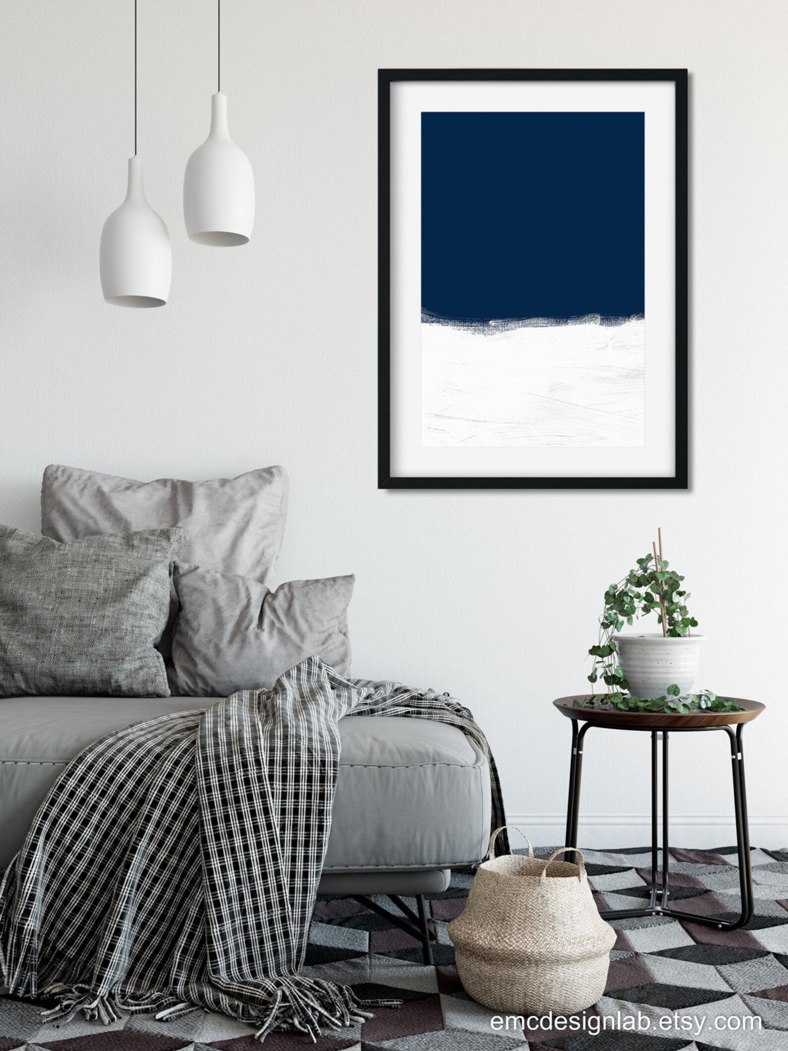 Minimalist Navy Blue & White Abstract Landscape Blue and | Etsy