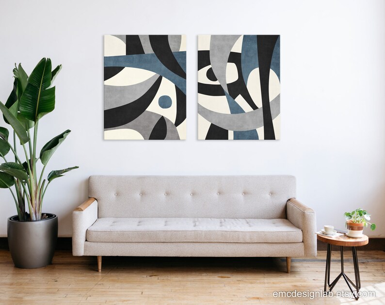 Black Gray Blue MCM Abstract Shapes Art Set / Original Digital - Etsy