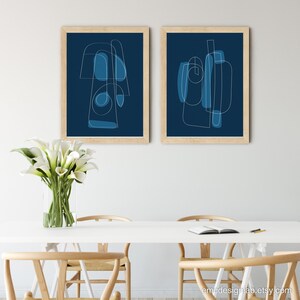 Set of 2 Navy Blue Line Art, Original Contemporary Line Art Set ...