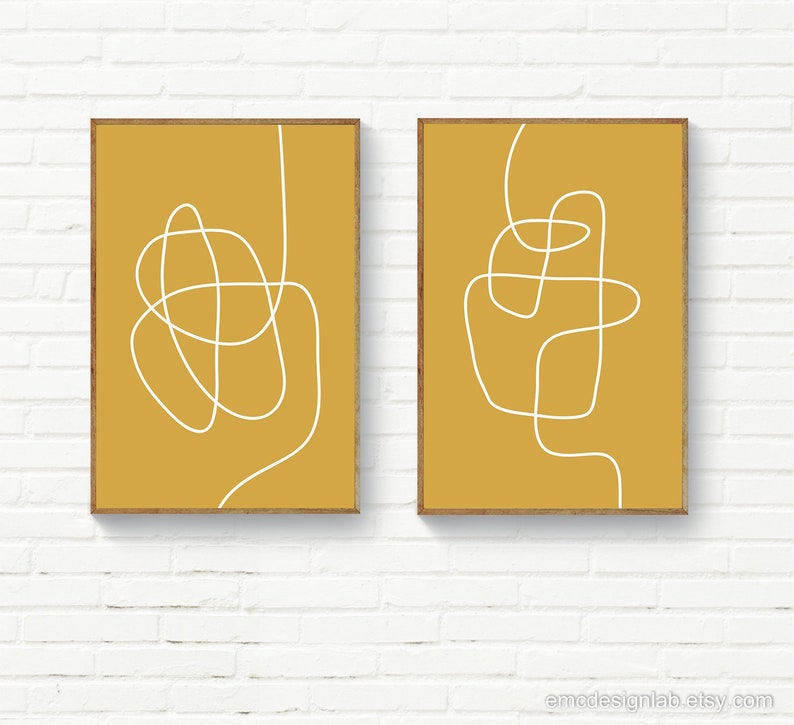 Mustard & White Minimalist Line Art, Modern Living Room Wall Art ...