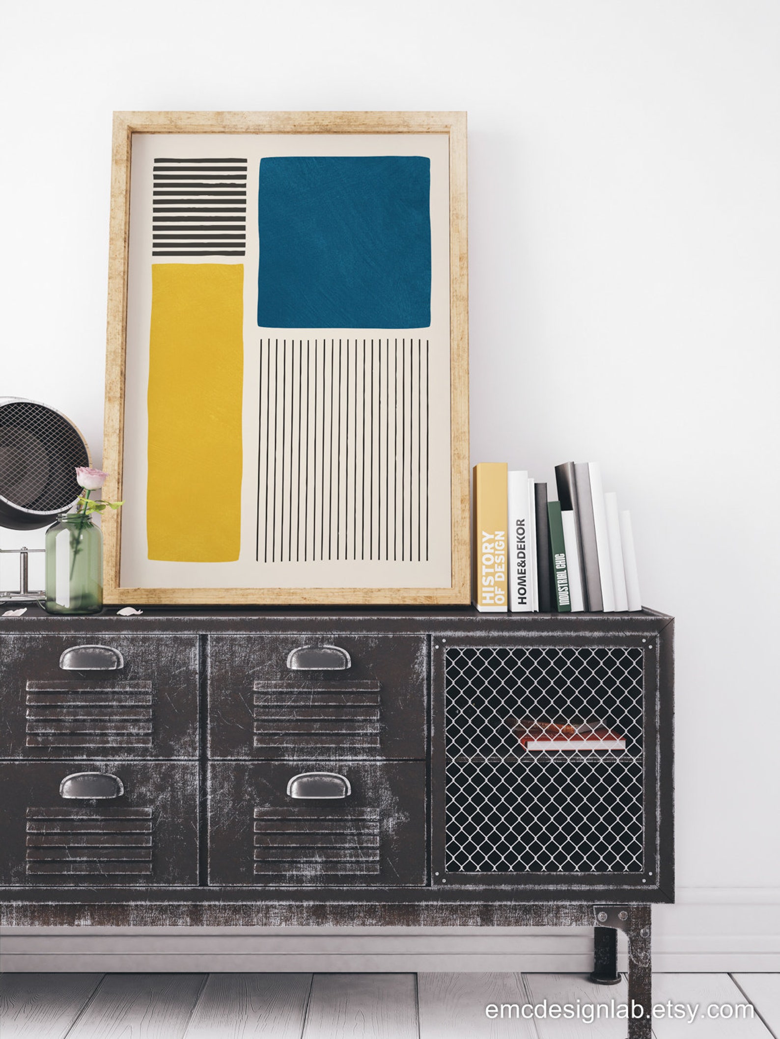 Blue Petrol & Yellow Color Block Wall Art Bold Lines Mustard - Etsy