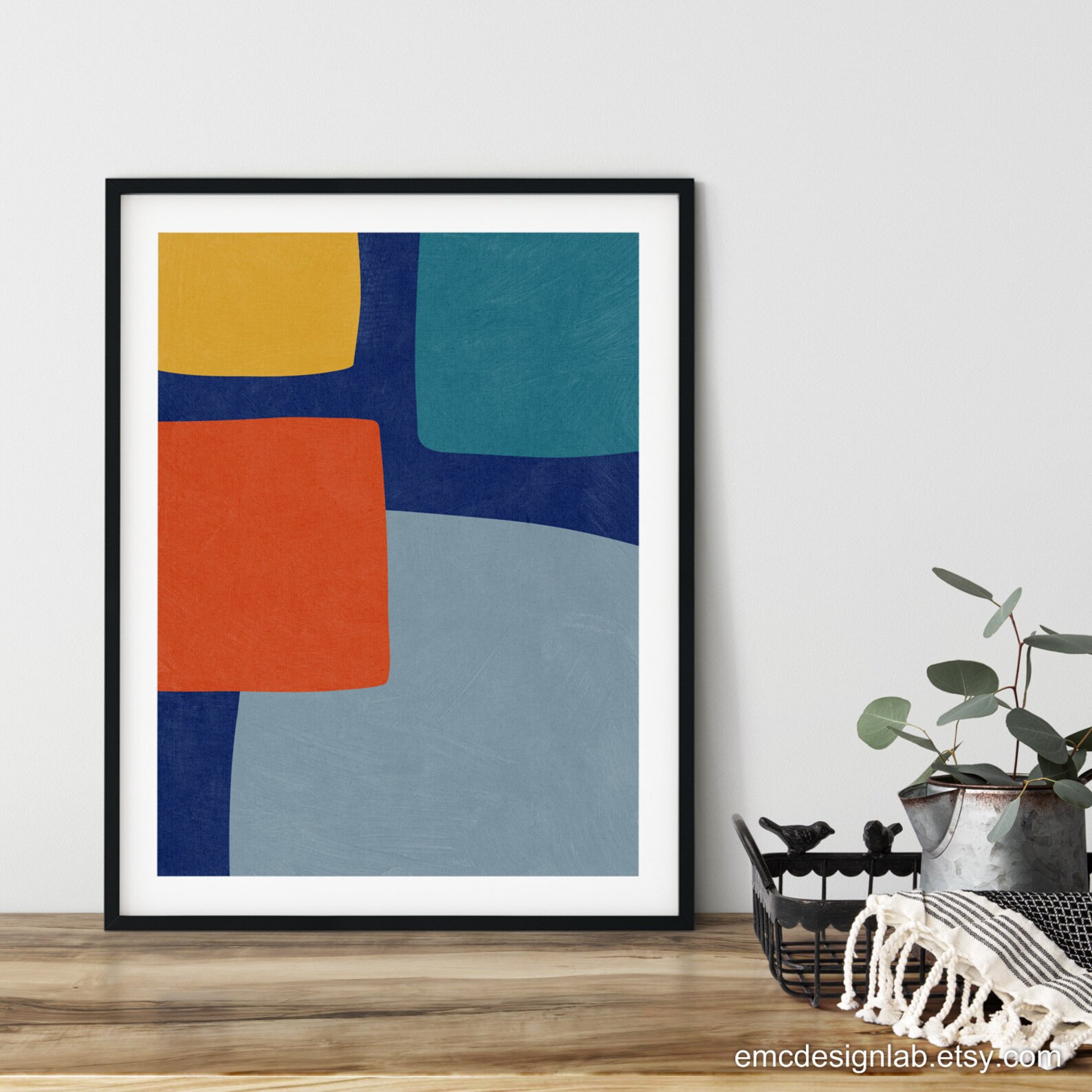 Yellow Blue Orange Teal Mid-century Modern Abstract Print for Modern ...