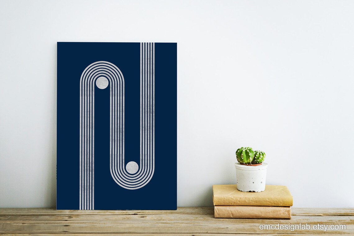 Navy Blue Retro Lines Print Minimalist Navy and Grey Large | Etsy