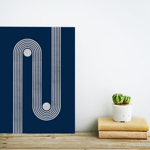Navy Blue Retro Lines Print, Minimalist Navy and Grey Large Size Wall ...