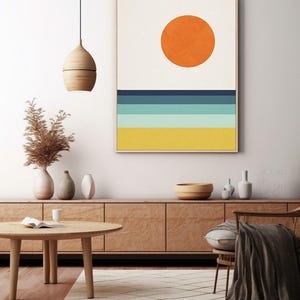 Geometric Abstract Landscape, Beach Sea Sun Abstract Midcentury Modern Wall Art, Minimalist ...