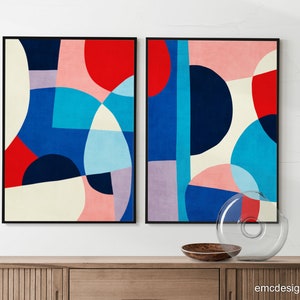Abstract Rounded Shapes Modern Artwork / Blue Red White Pink Navy Wall ...