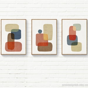 Mid Century Modern Set of 3 Wall Art, Abstract Shapes Beige Navy Rust ...