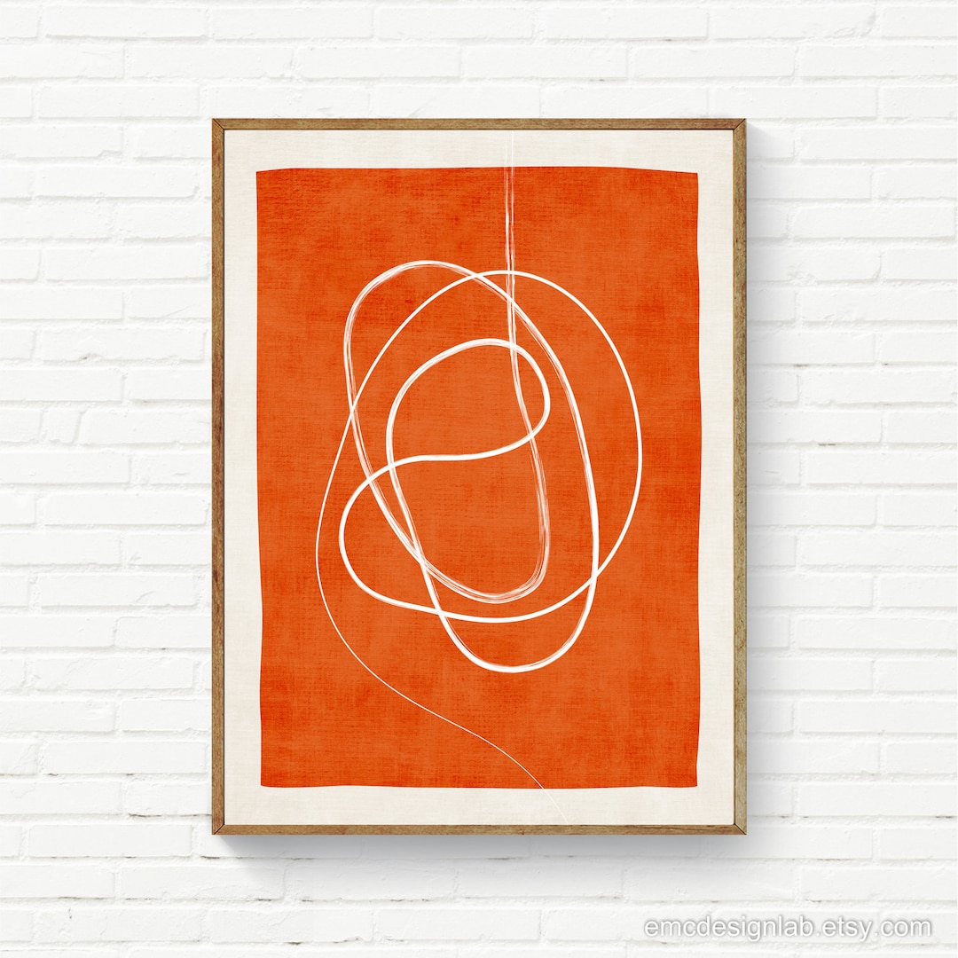 Minimalist Deep Orange White Line Art Print Drawing Artwork White ...
