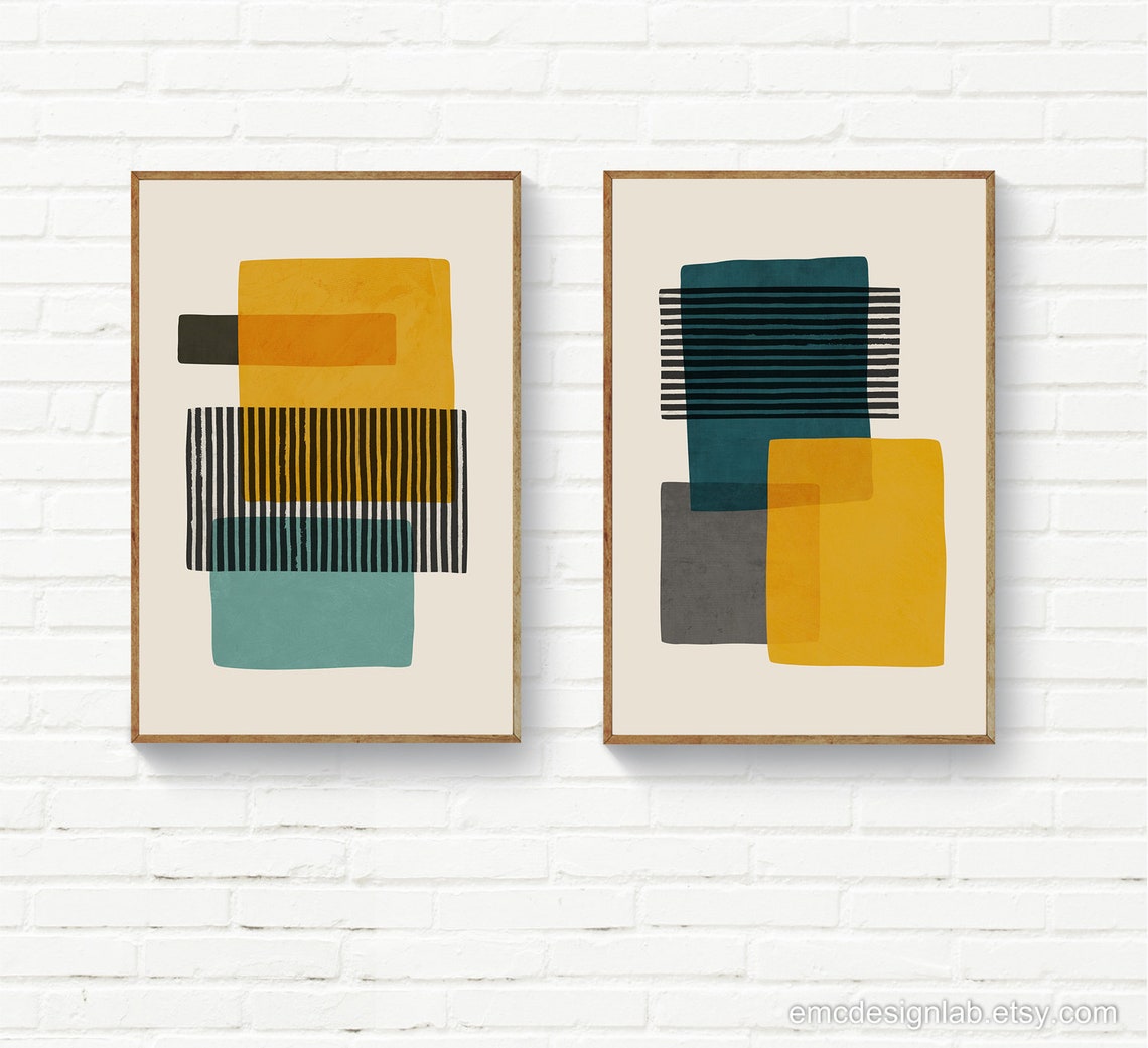 Abstract Teal Gray Yellow Wall Art Mustard Light Teal Black | Etsy