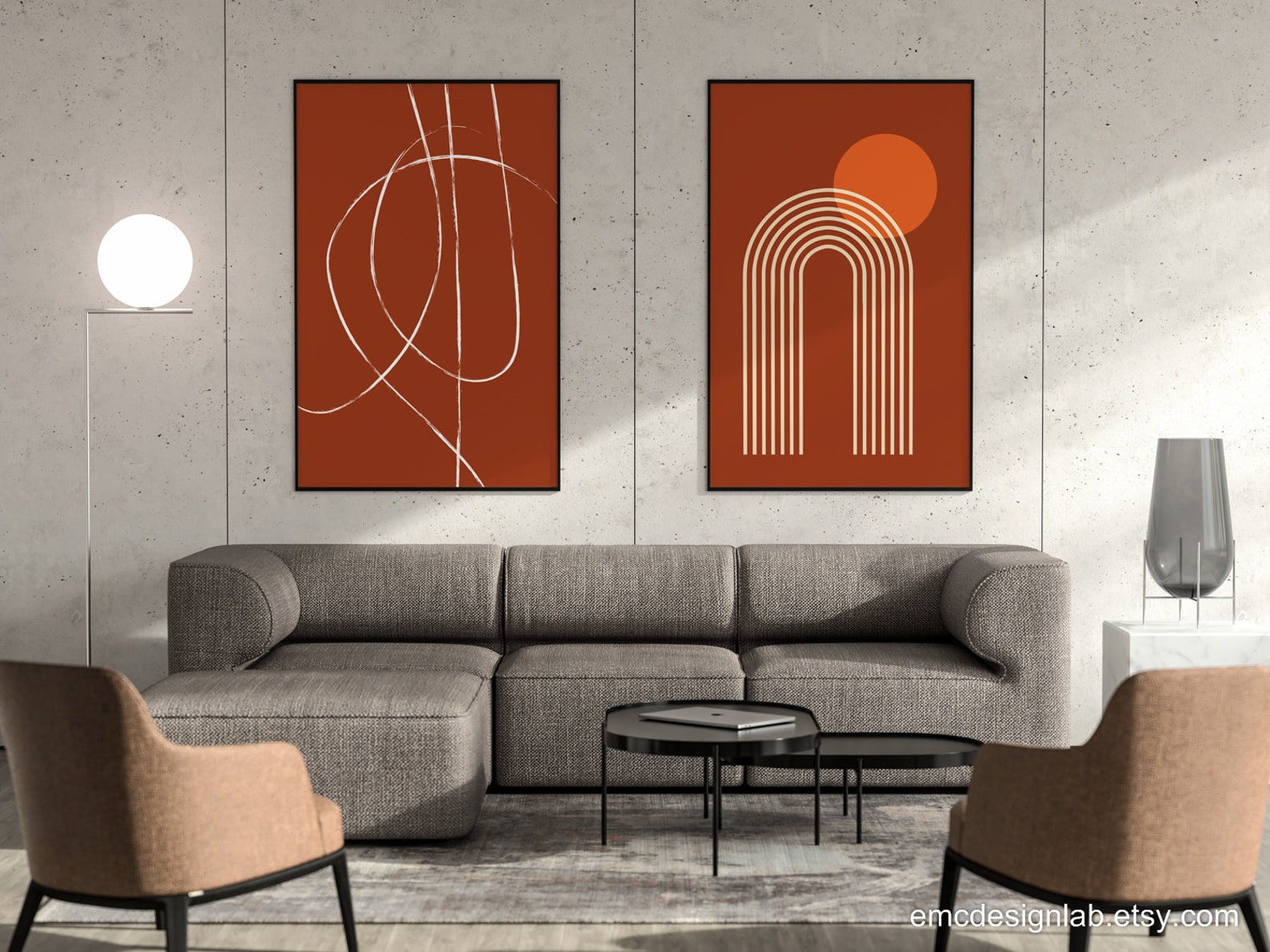 Minimalist Burnt Orange Rust Line Art, Line Art Print, Boho Living Room ...